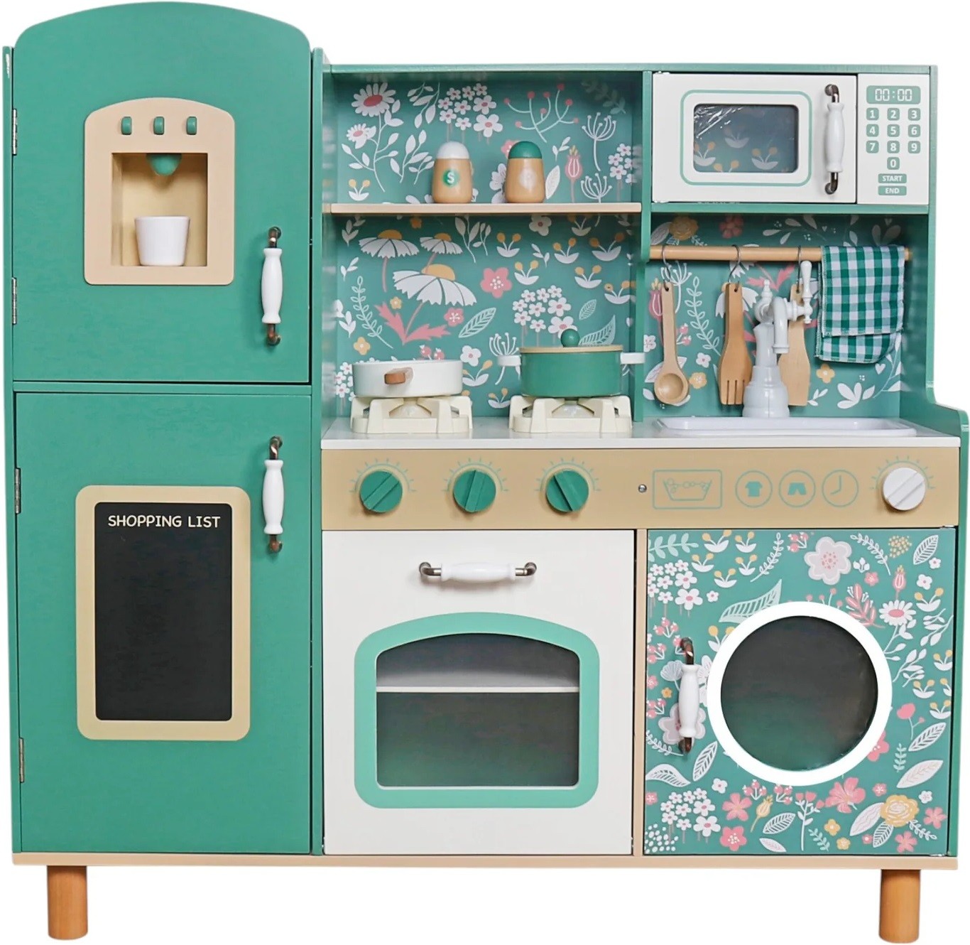 Детска дървена кухня Ginger Home - С функции и аксесоари, зелена на ТОП ...